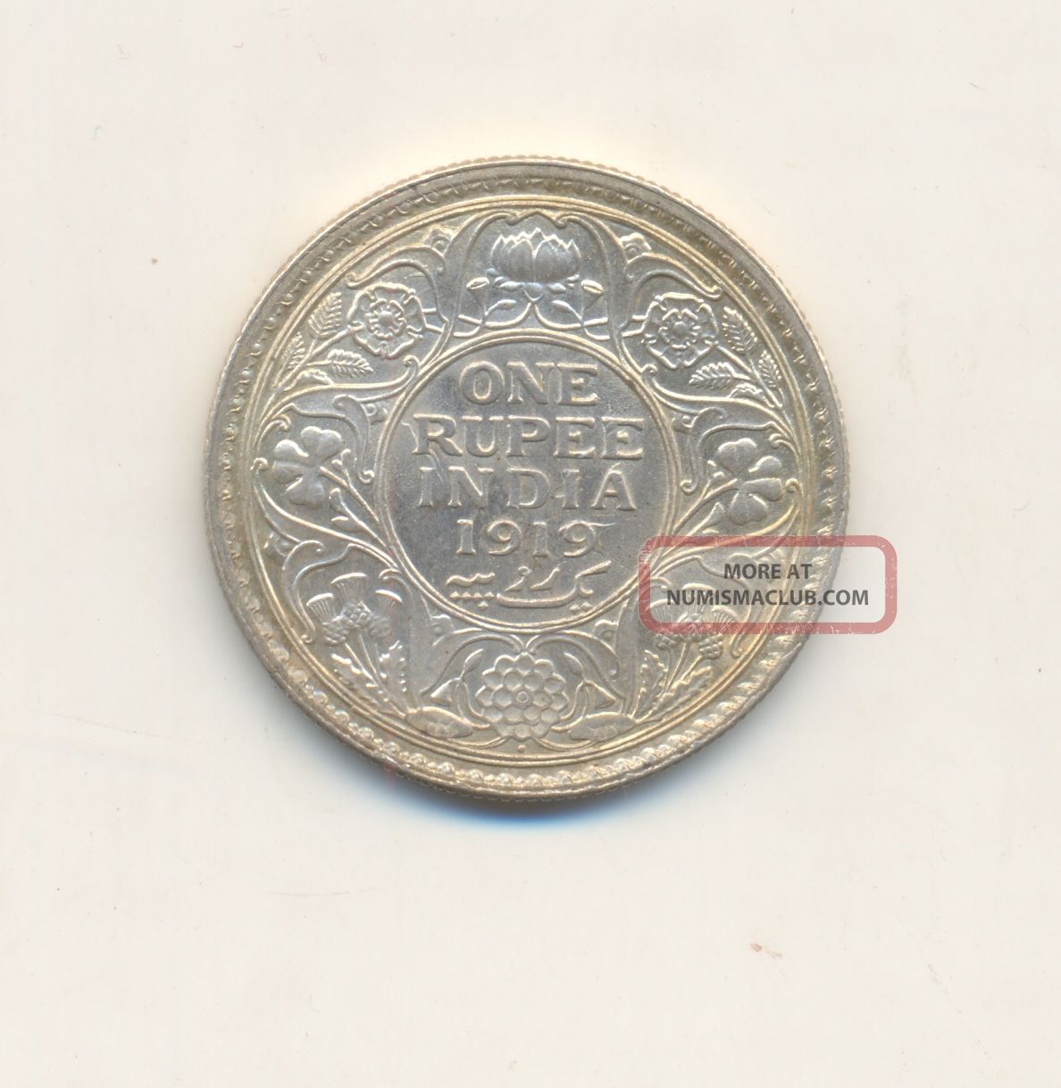 1919 British India Kgv King George V One Rupee Silver Coin.