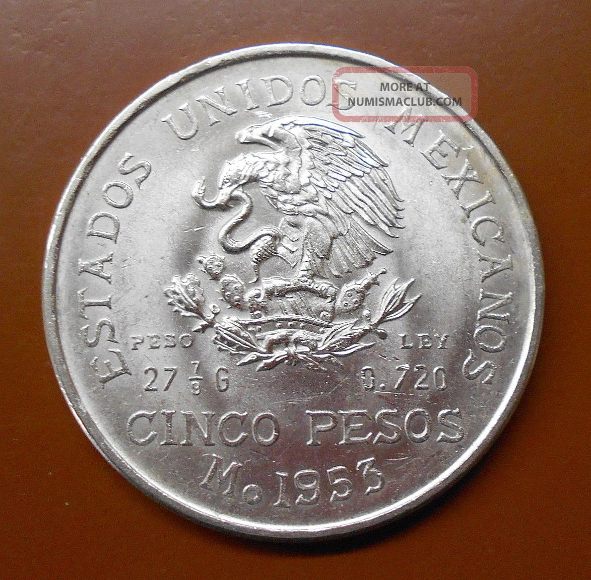 1953 Mexico Silver 5 Peso Coin - Uncirculated