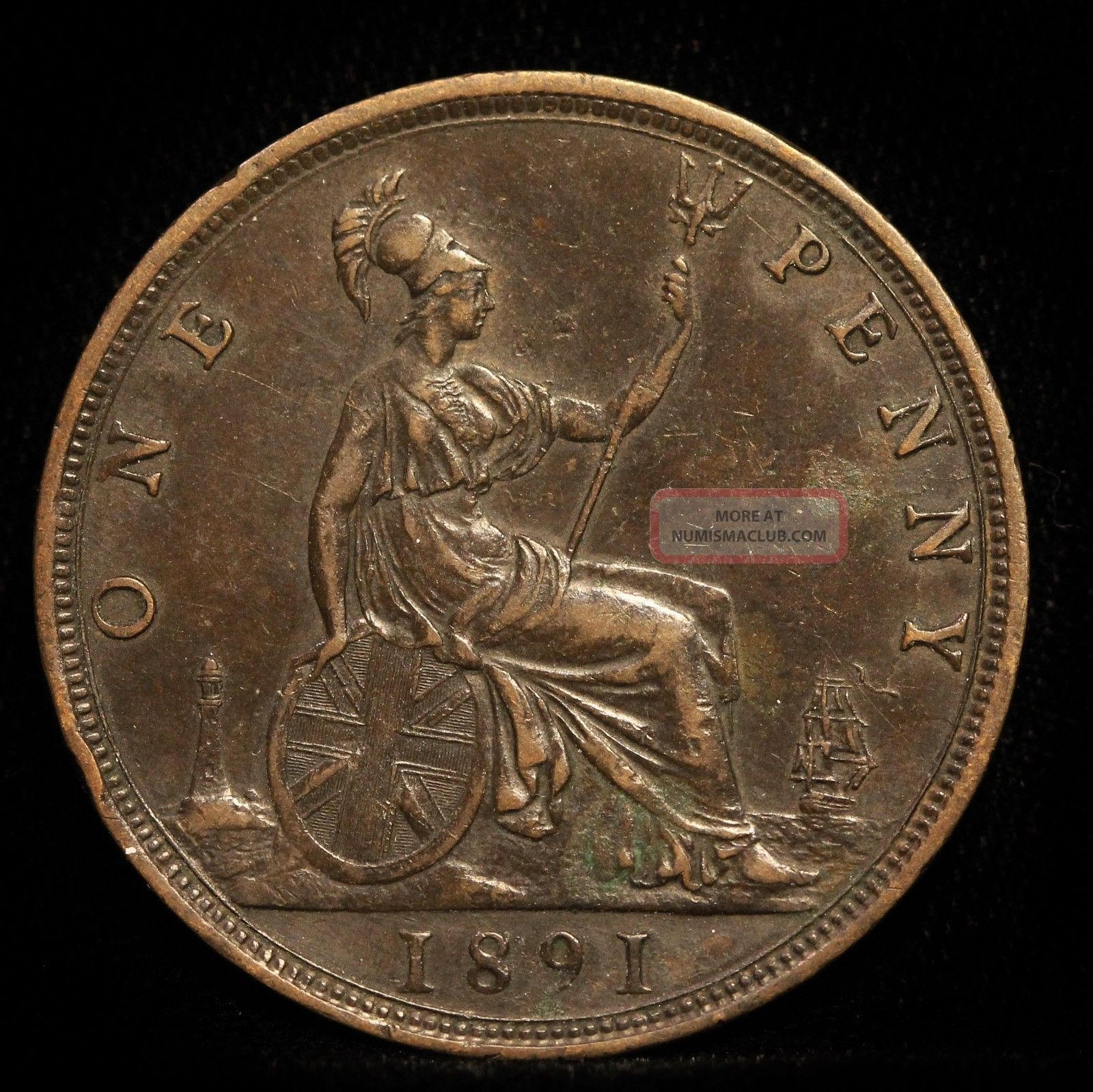 Great Britain Bronze Penny 1891 Victoria, Toned Very Fine Plus