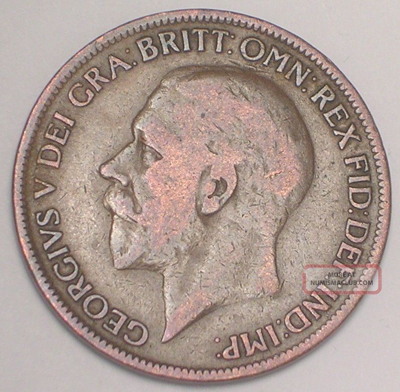 1927 Uk Great Britain British One Penny George V Coin F,