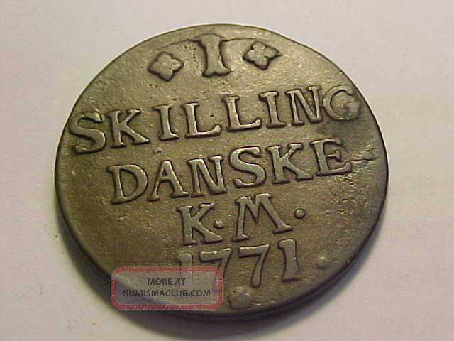 1771 Denmark Large Copper 1 Skilling (king Christian Vii) Coin