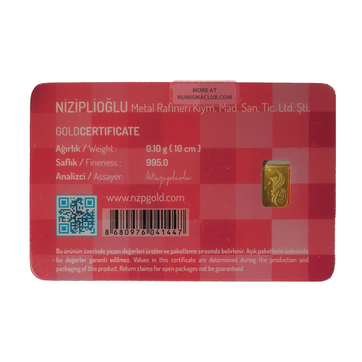 1/10 Gram Solid 24k 995 Pure Fine Gold Bullion, With Serial Number Nz00137