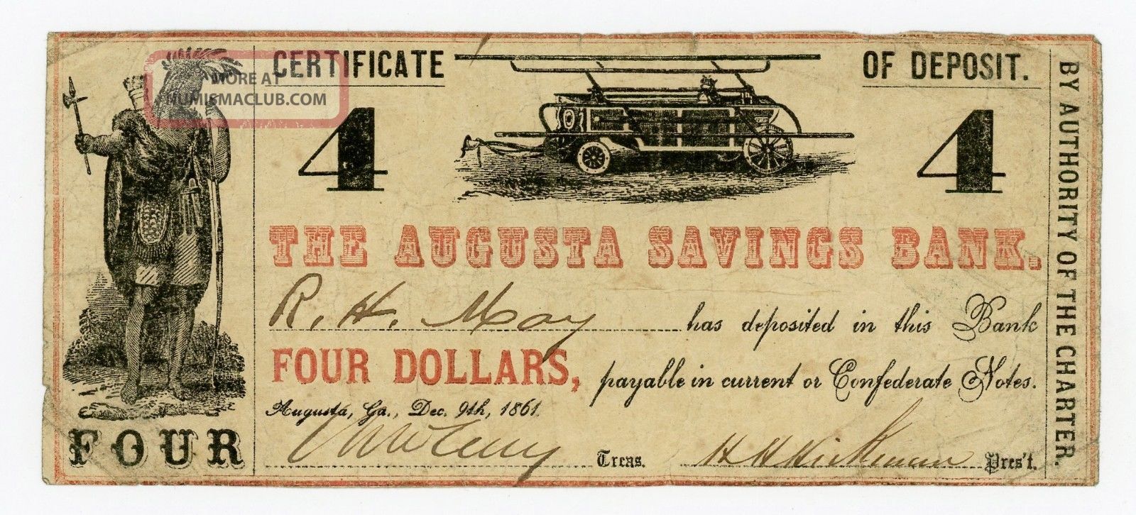 1861 $4 The Augusta Savings Bank - Georgia Note Civil War Era