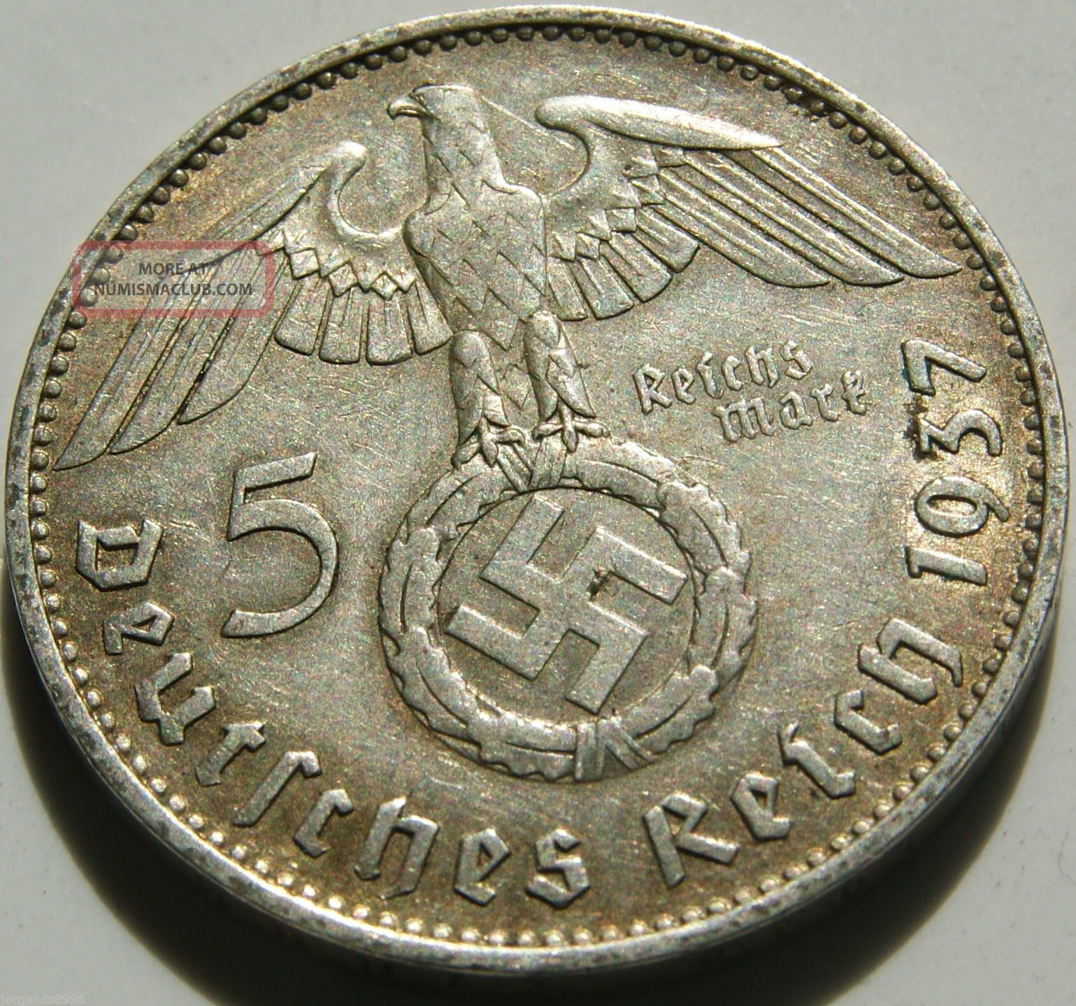German Silver Coin 5 Rm 1937 F Nazi Coin. 900 Silver