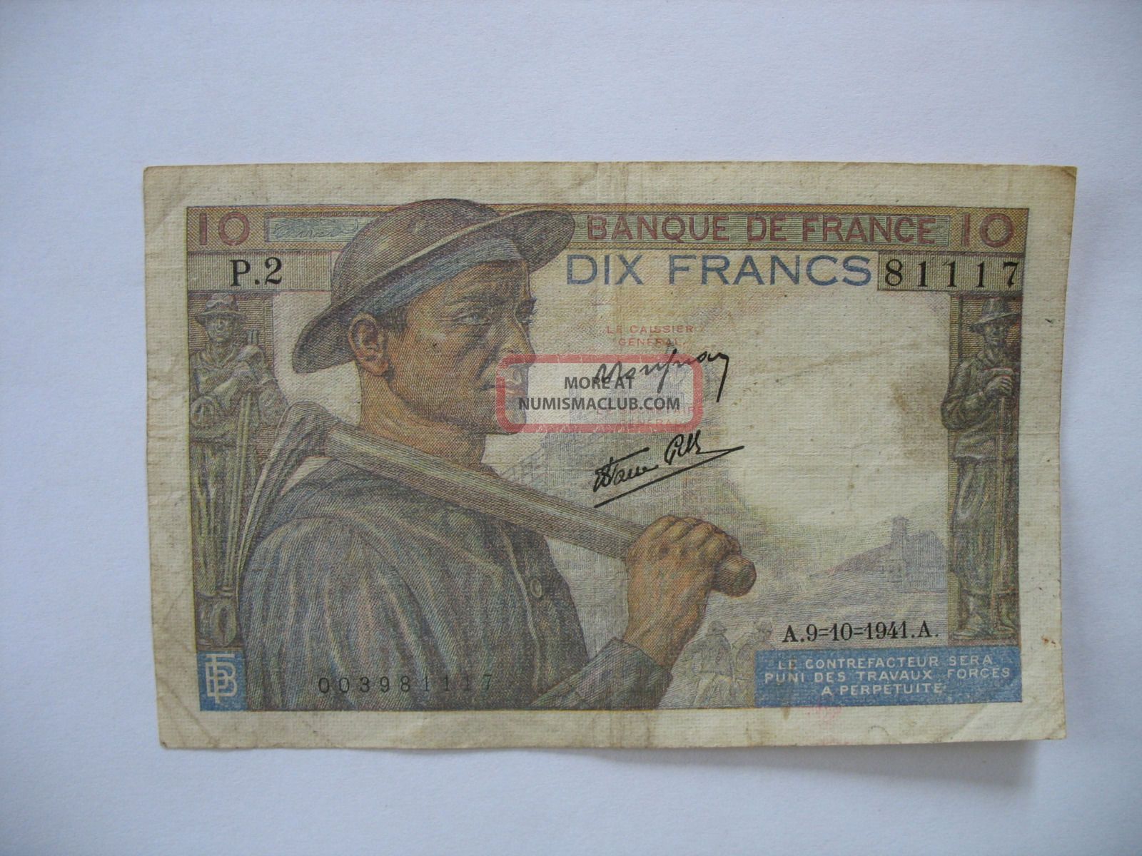 1941 10 Francs Wwii France Vintage Paper Money French Banknote