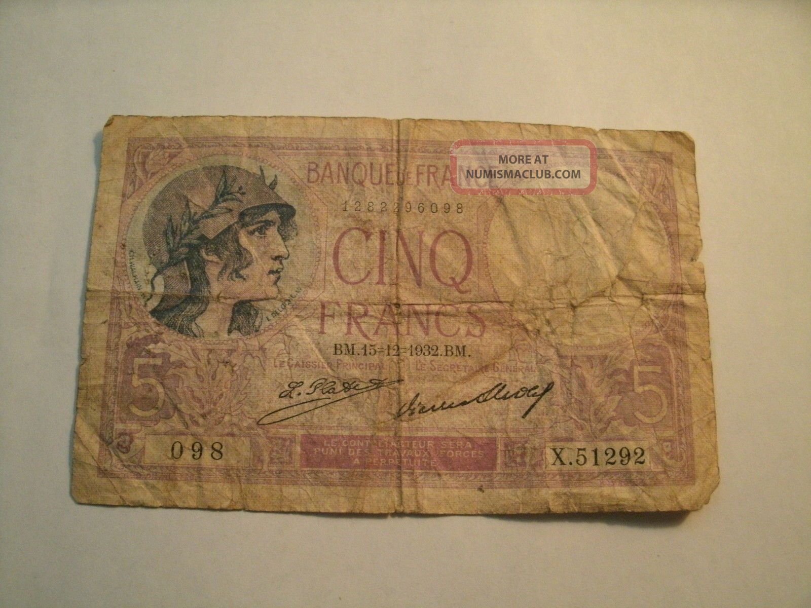 1932 Cinq Francs Banque De France Note