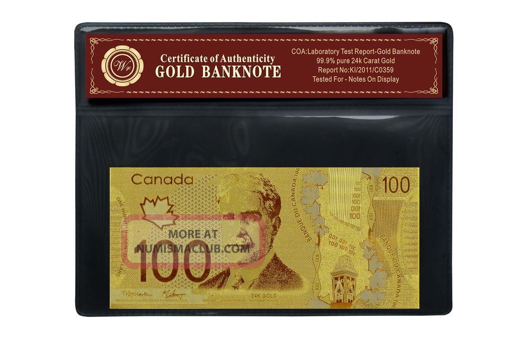 Canada 100 Dollars Gold Banknote Plated With 24k Gold Frame & Rare