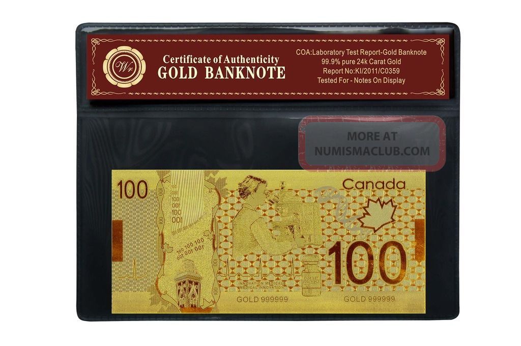 Canada 100 Dollars Gold Banknote Plated With 24k Gold Frame & Rare