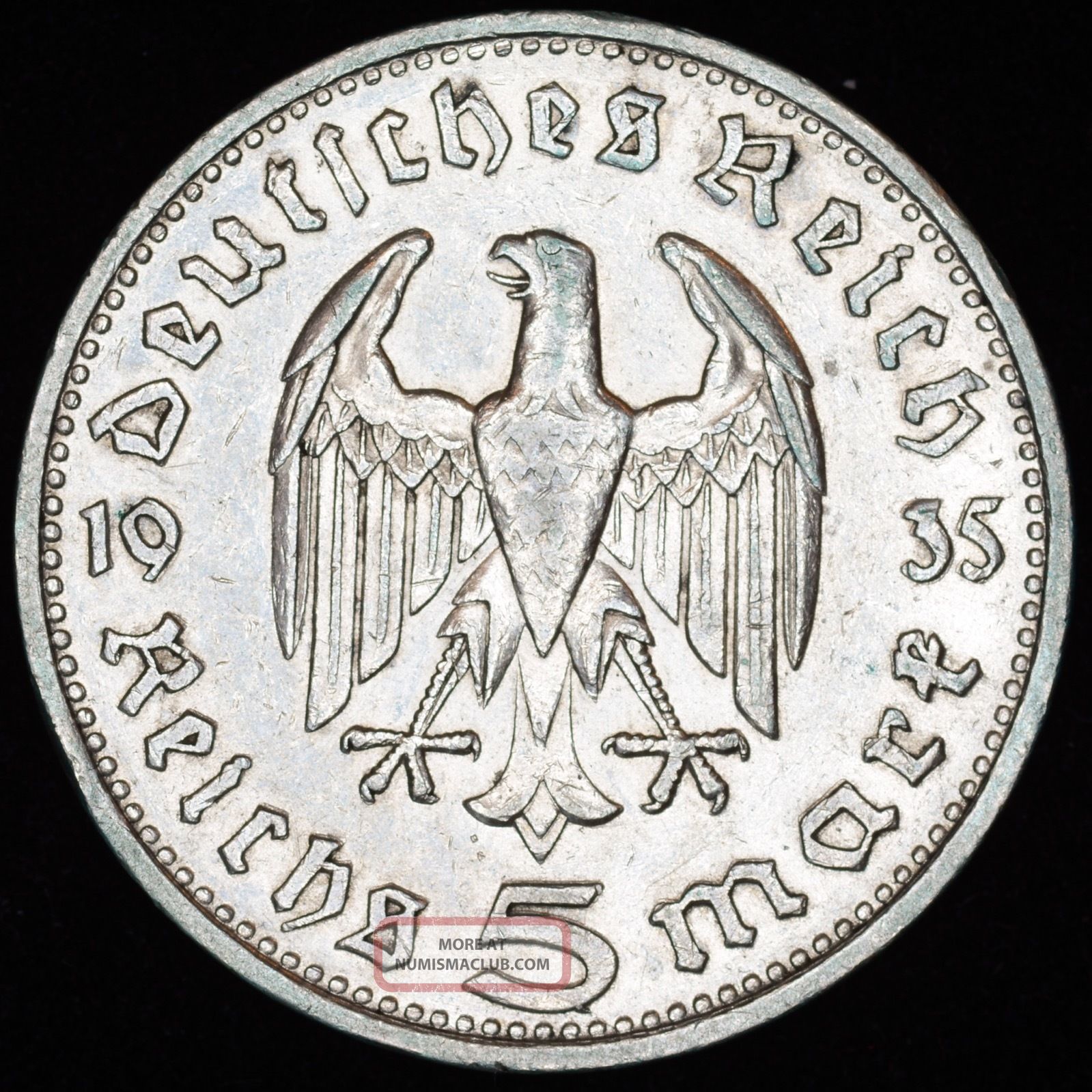 Ww2 German 5 Mark Silver Coin 1935 D Third Reich Hindenburg No Swastika ...