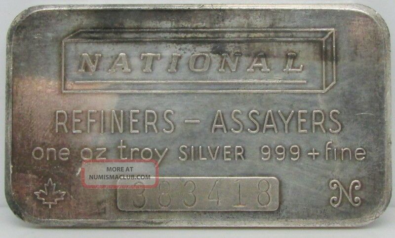 Rare National Refiners - Assayers 1 Oz. 999 Fine Silver Bar - Blank Back