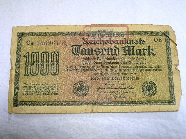 German 1922 One Thousand Mark Reichsmark Banknote Currency Money - Cg ...