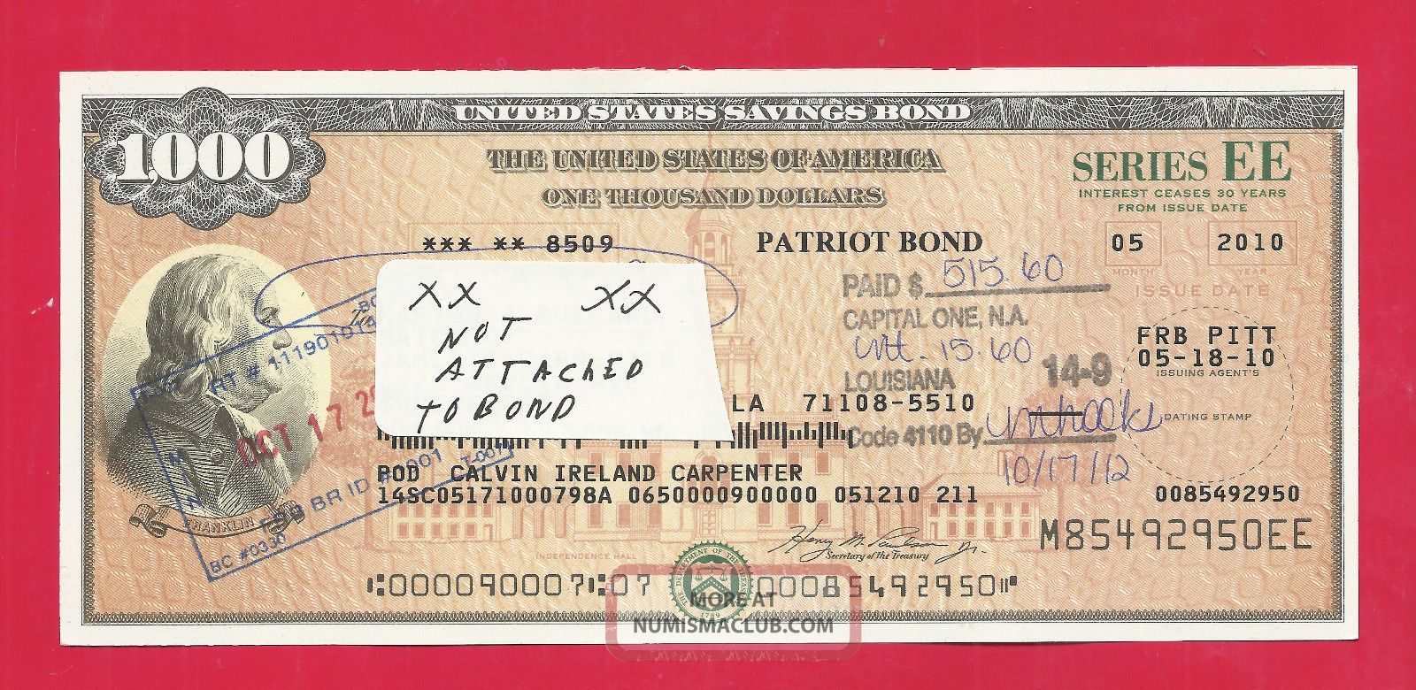 Us Savings Bond Franklin Bond 1 000 Cashed Series Ee 05 2010 Us Savings Bond Franklin Bond 1 000 Cashed Series Ee 05 2010