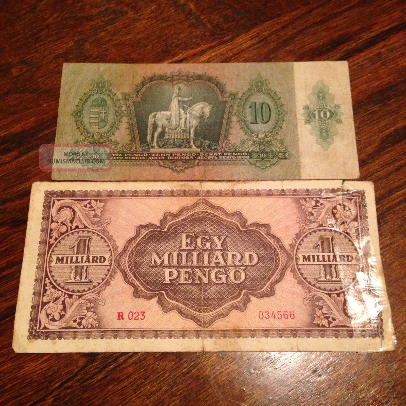 Hungary 10 Pengo Banknote 1936 & Hungary 1 Milliard Pengo 1946 Banknote