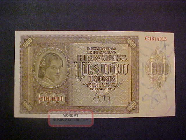 1941 Croatia Paper Money - 1, 000 Kuna Banknote