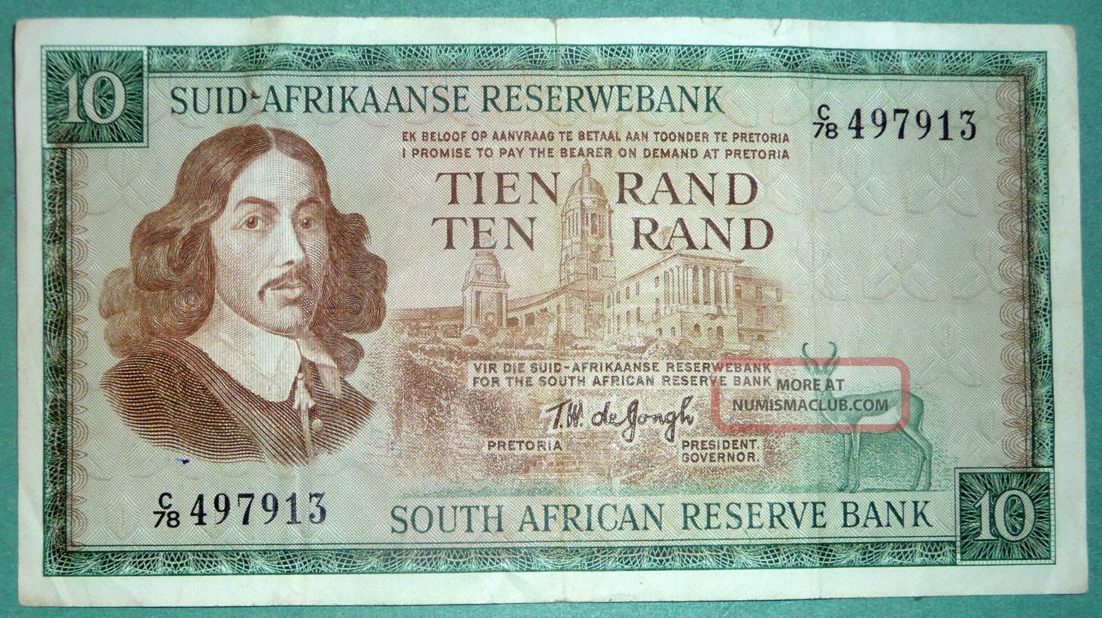 South Africa 10 Rand Note, P 114 B, 1967 - 74 Issue, Watermark : Springbok