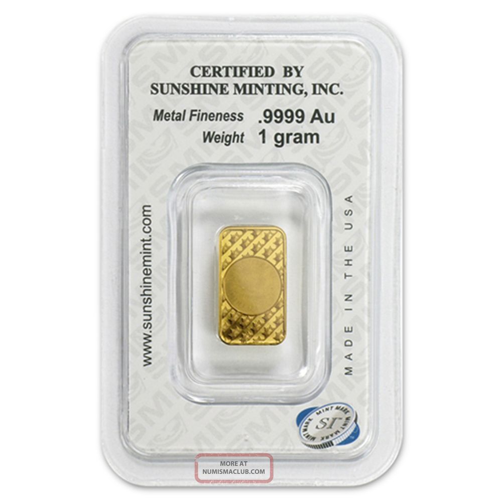 1 Gram Sunshine. 9999 Fine Gold Bar (in Assay) (mark Si)