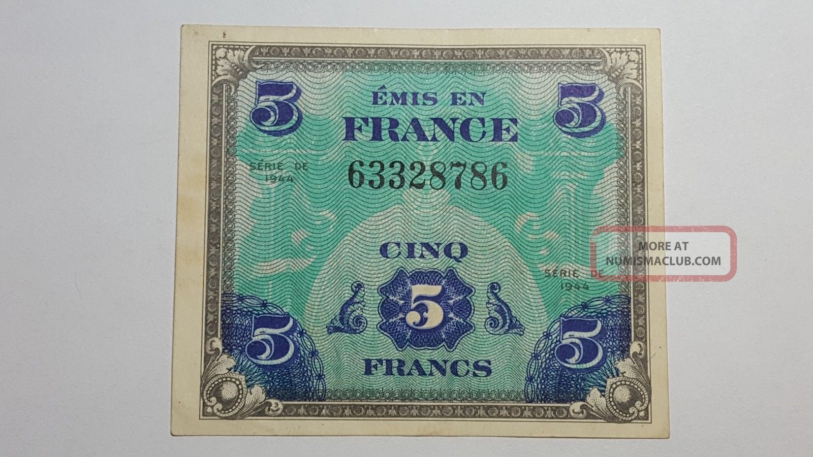 France Wwii Allied Currency 5 Francs 1944 Km 115a 20