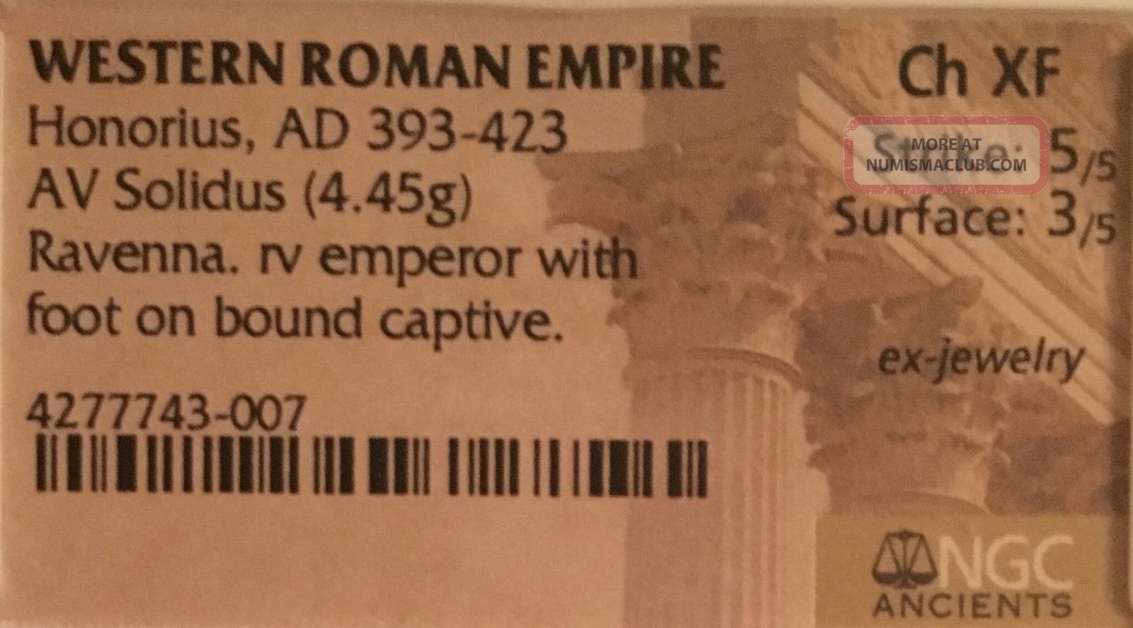 Western Roman Empire Honorius Ad 393 - 423 Av Solidus (4. 45g) Ch Xf Ngc