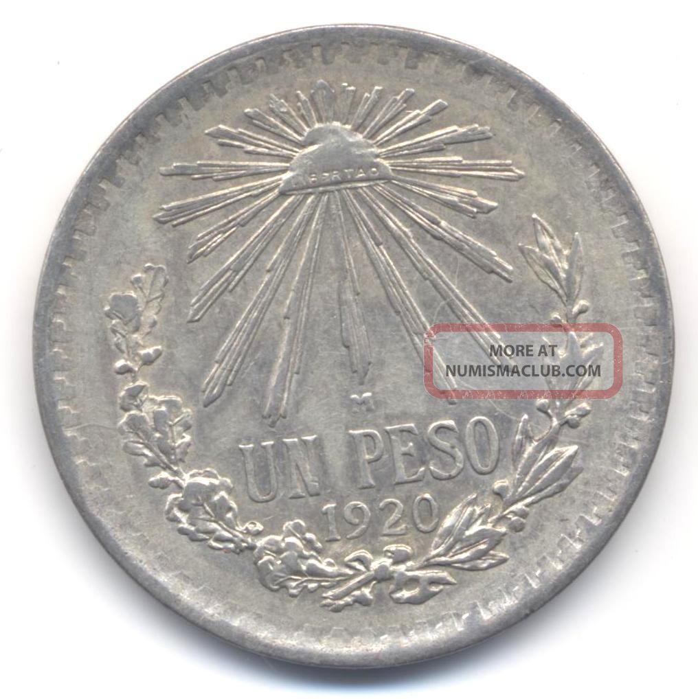 1920 Mexico 1 Peso, Silver Coin Km 445