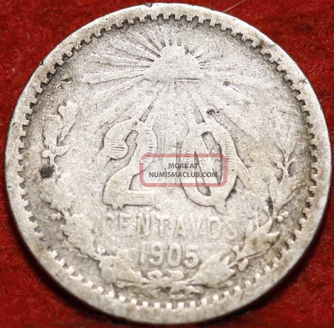 1905 Mexico 20 Centavos Silver Foreign Coin S/h