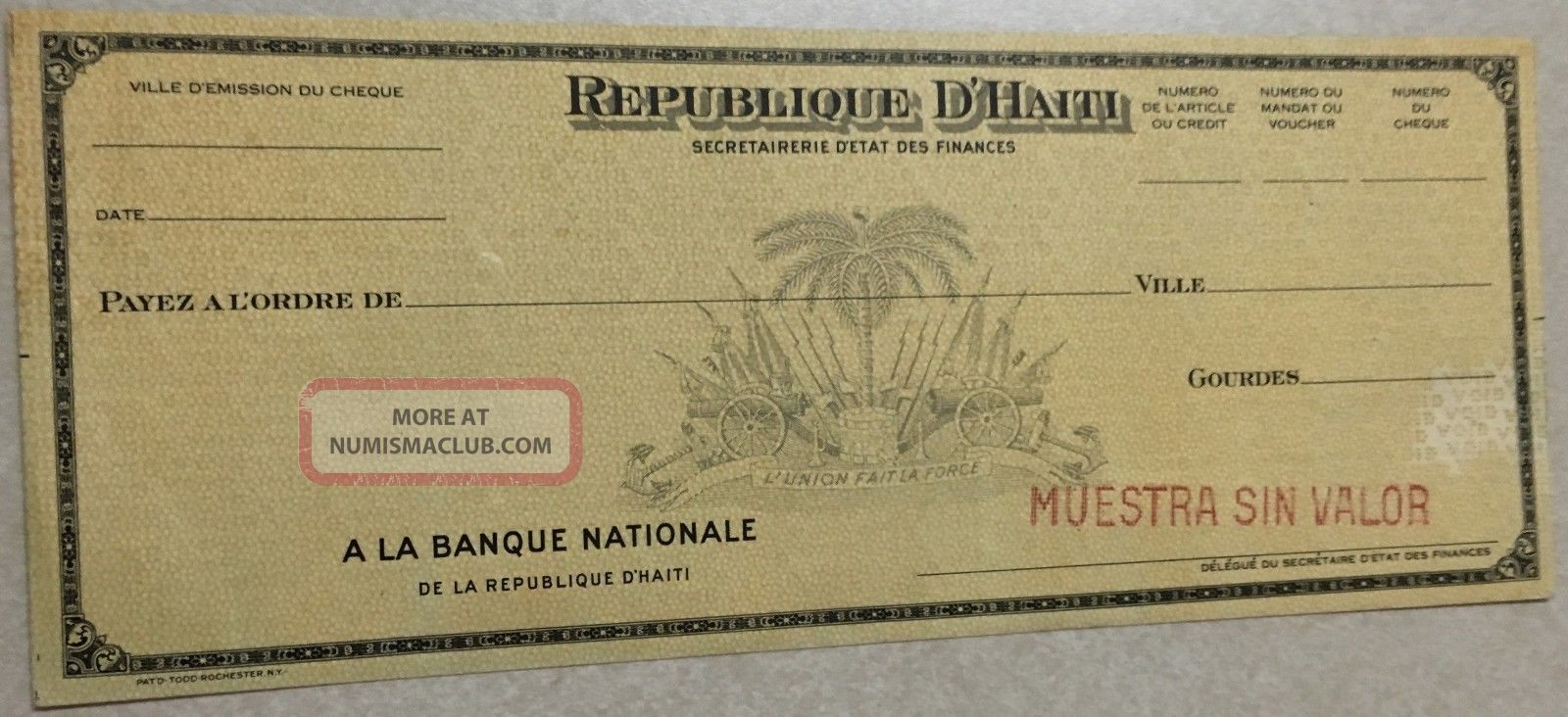 Haiti Specimen Government Check, Department Of Treasury/finance