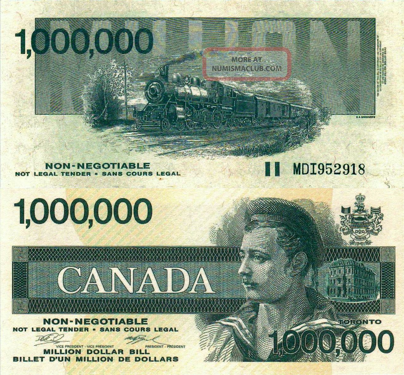 uncirculated Banknote 1991 $1 Million Dolla Sailor Train - Unc Crisp Canada