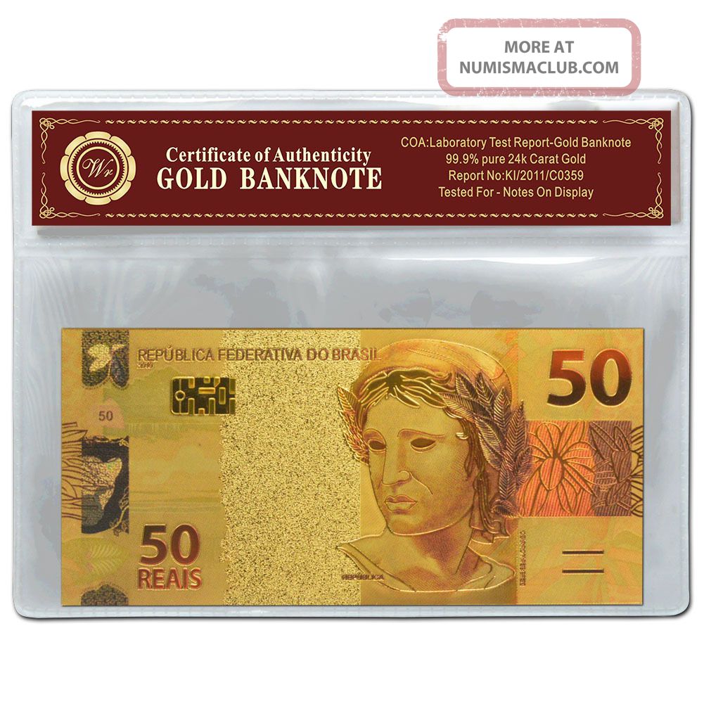 Brazil Banknote 50 Reais Colored 24k 999 Gold Foil Bank Note Collectible /w