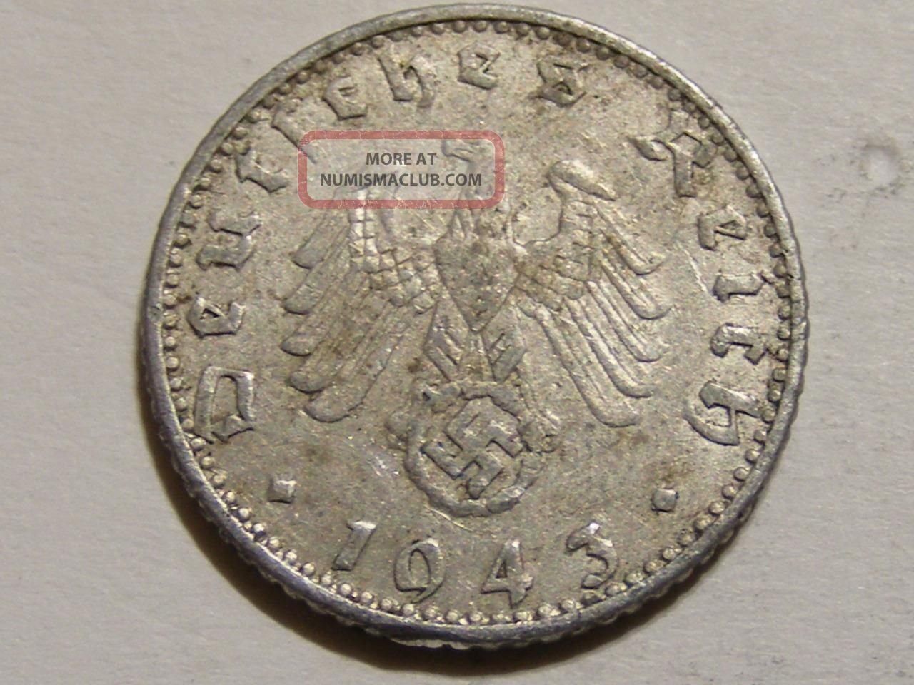 1943 Old Antique Wwii Nazi Hitler Germany 3rd Reich Berlin 50 Pfennig ...
