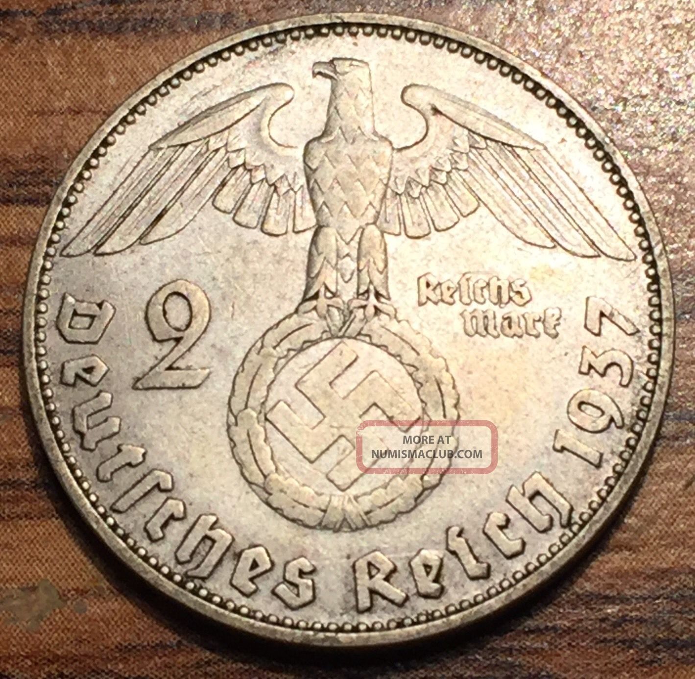 1937 D Silver Germany Third Reich 2 Reichsmark Hindenburg Coin - Au