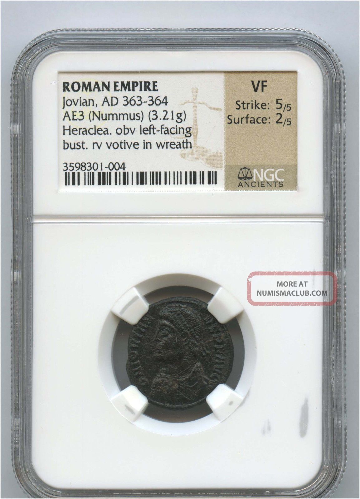 Roman Empire Jovian Ad 363 - 364 Copper Ae3 (nummus) Ngc Vf Herclea