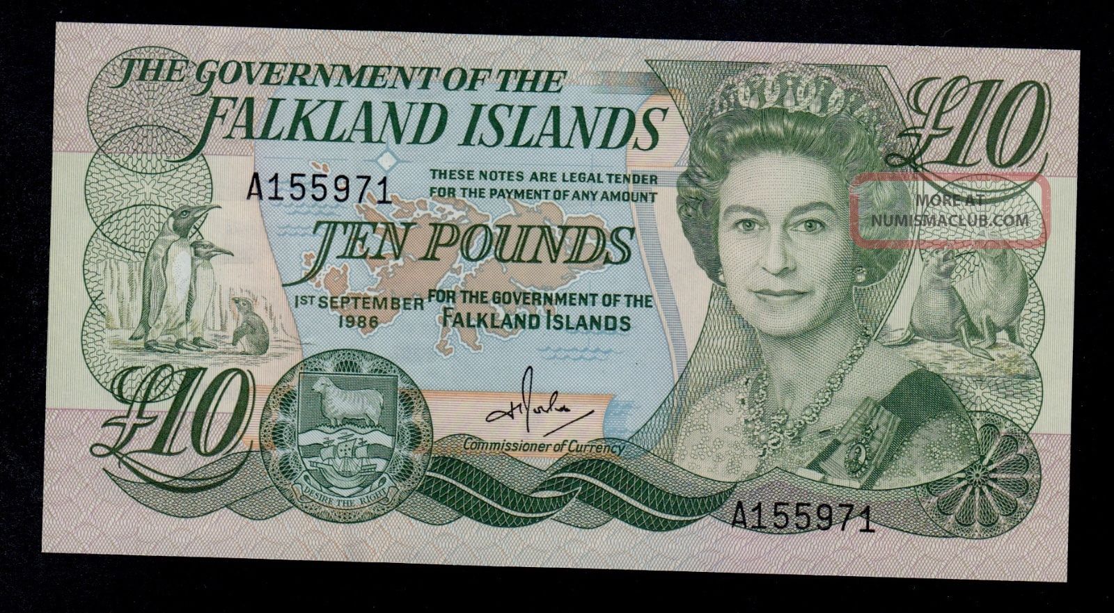Falkland Island 10 Pounds 1986 Pick 14 Au - Unc Banknote.