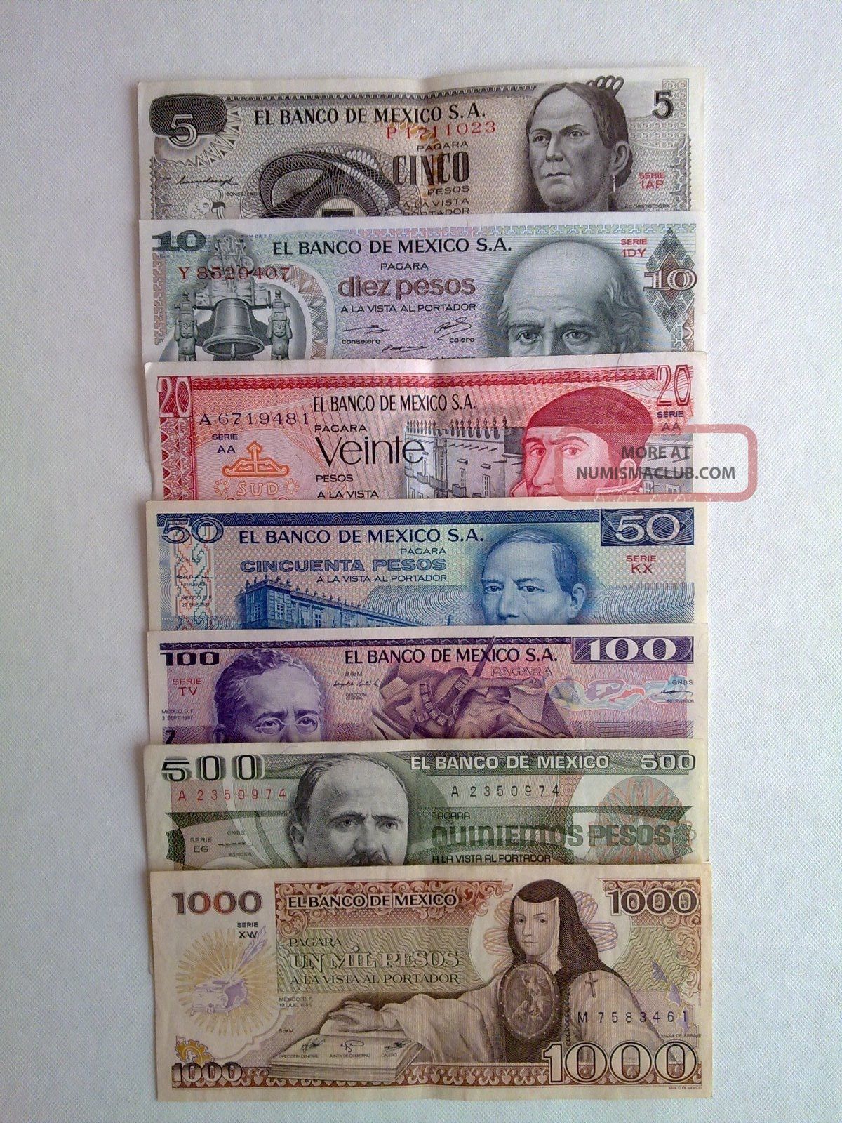 Mexico Peso Banknote Series 5, 10, 20, 50, 100, 500, 1000 Cir. Bdm